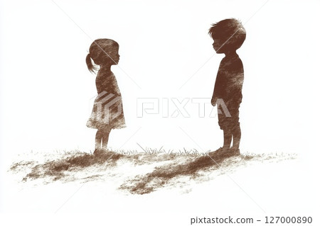 Children standing opposite each other on green... - Stock Illustration ...