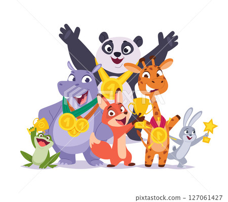 Animals winners. happy characters holding... - Stock Illustration ...