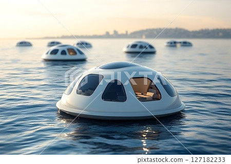 Futuristic Floating Pods on Calm Water with...-插圖素材 [127182233] - PIXTA圖庫