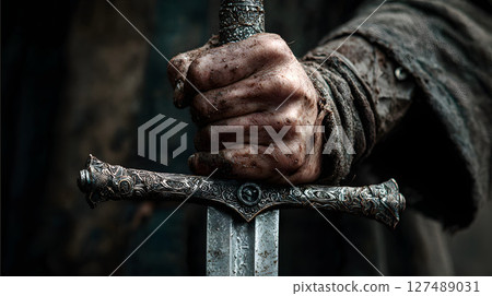 Close-up of a hand holding a sword - Stock Illustration [127489031] - PIXTA