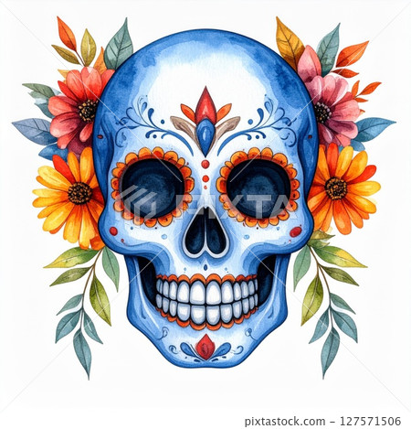 Blue Sugar Skull with Watercolor Flowers - Stock Illustration ...
