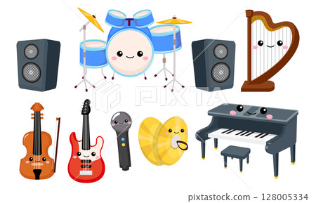 Cute musical instruments drum, piano, bass,...-插圖素材 [128005334] - PIXTA圖庫