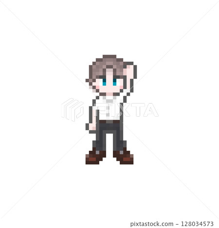 Pixel art male student raising his hand: summer... - Stock Illustration ...