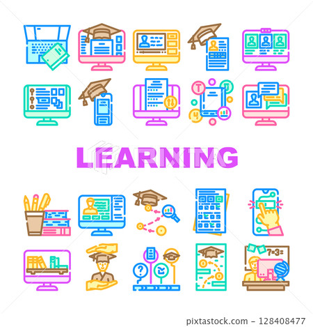 online learning platform study icons set vector - Stock Illustration ...