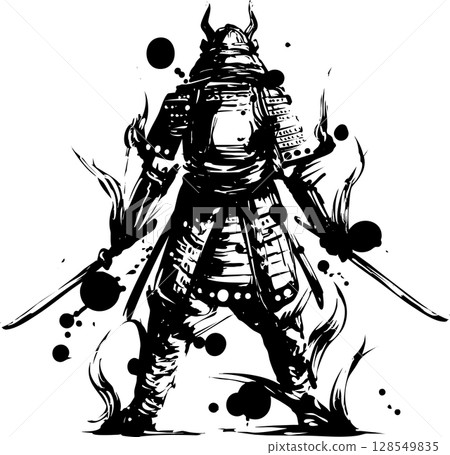 Sumi-e illustration of a samurai wielding two... - Stock Illustration ...