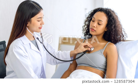 Doctor Using Stethoscope to Examine Female Patient - Stock Illustration ...