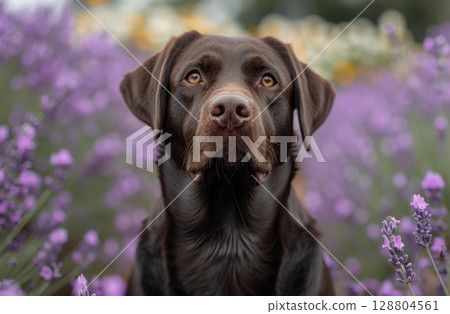 Chocolate Labrador dog sitting calmly in a... - Stock Illustration ...
