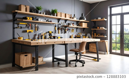 Organized Workshop with Tools and Wooden Shelves - Stock Illustration ...
