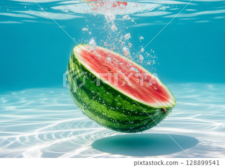 Sliced Watermelon Floating Underwater with Bubbles-插圖素材 [128899541 ...