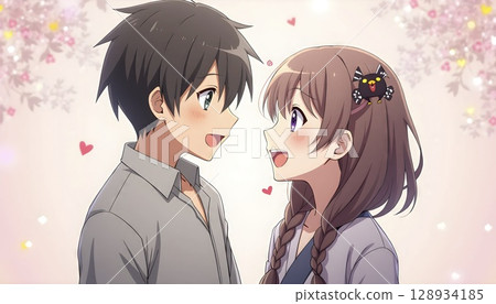 Anime Couple With Opposite Expressions Romantic... - Stock Illustration ...