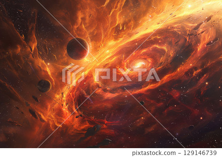 Burning alien planet in deep space surrounded... - Stock Illustration ...