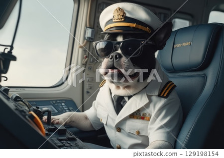 A French Bulldog dressed as a pilot sits in an... - Stock Illustration ...