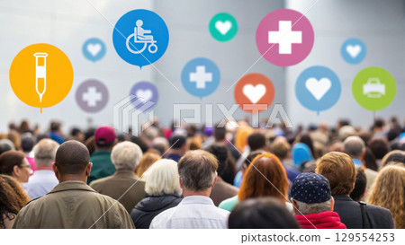 image depicts diverse crowd with various health... - Stock Illustration ...