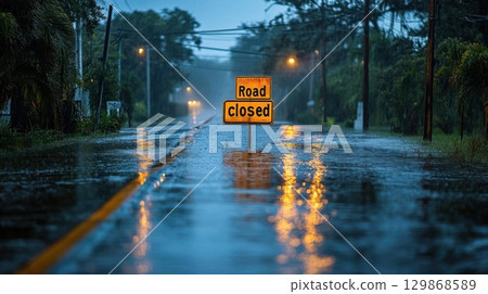Beware of flood warning sign on wet road in the...-插圖素材 [129868589 ...