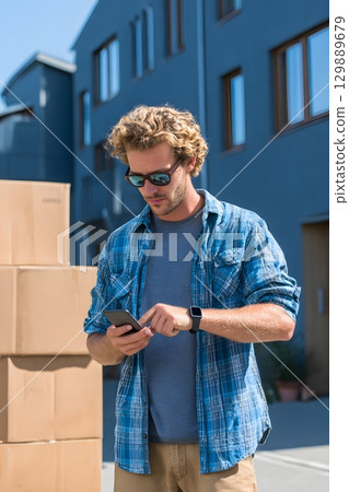 Man tracking e-commerce logistics using...-插圖素材 [129889679] - PIXTA圖庫