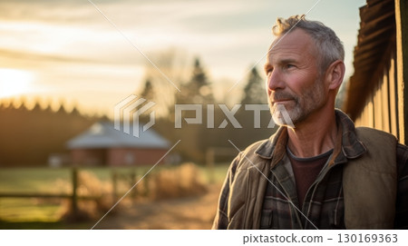 farmer contemplating sunset on his land-插圖素材 [130169363] - PIXTA圖庫