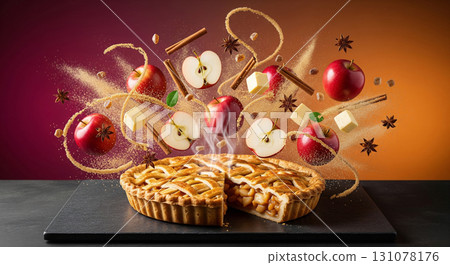 Freshly baked apple pie takes center stage with...-插圖素材 [131078176 ...