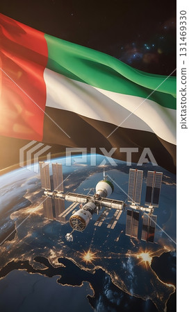 View of earth and space station with uae flag... - Stock Illustration ...