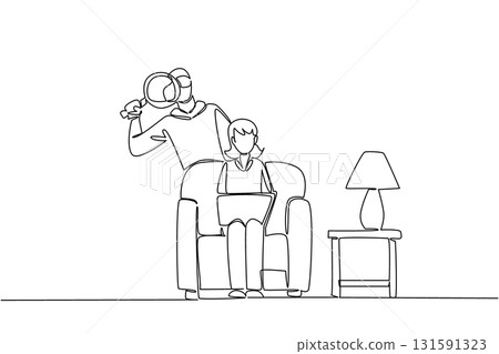 Continuous one line drawing grandma sit on sofa...-插圖素材 [131591323 ...