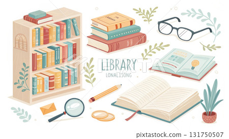 Calm library book icon set illustration for...-插圖素材 [131750507] - PIXTA圖庫