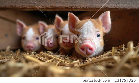 A group of small pigs peeking out of a wooden box-插圖素材 [131757329 ...