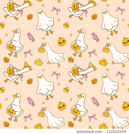 Cute Silly Goose Halloween Seamless Pattern... - Stock Illustration ...