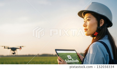 Asian woman engineer operating a drone with a... - Stock Illustration ...