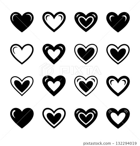 Various heart shapes in black and white... - Stock Illustration ...