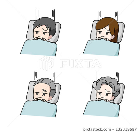 Set of 4 illustrations of adults crying in bed - Stock Illustration ...