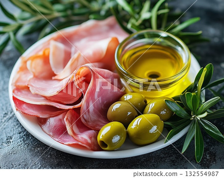 Platter featuring sliced cured meats, green... - Stock Illustration ...
