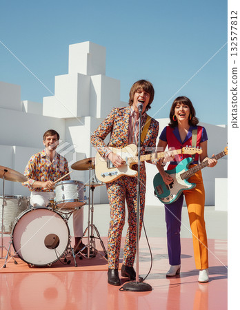 A three-piece band performing on an outdoor stage - Stock Illustration ...