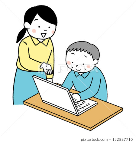 Elderly man being taught how to use a computer - Stock Illustration ...