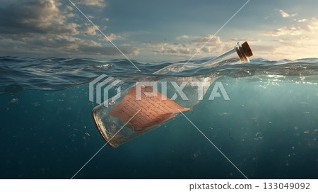 Letter in a bottle from castaway floating in...-插圖素材 [133049092] - PIXTA圖庫