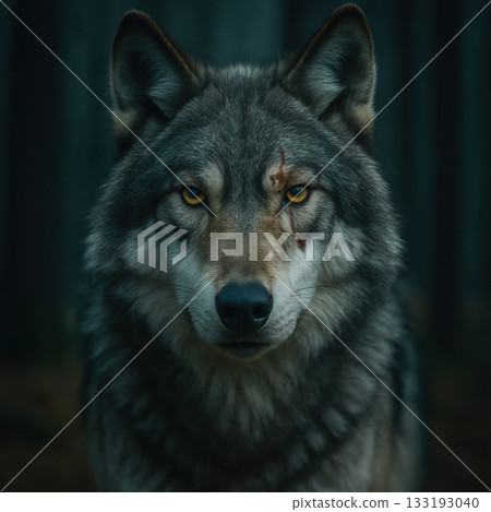 Gray wolf with scar looking directly in dark...-插圖素材 [133193040] - PIXTA圖庫