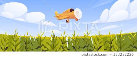 Corn field with a flying airplane in the sky...-插圖素材 [133282226] - PIXTA圖庫