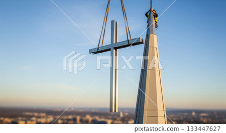 A large metal cross is being lifted and... - Stock Illustration ...