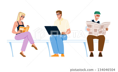 Diverse people engaging with information on bench - Stock Illustration ...