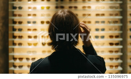 Consumer browsing array of stylish eyewear in... - Stock Illustration ...
