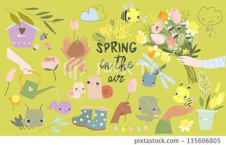 Cartoon Set with Cute Insects and Bouquets Of... - Stock Illustration ...