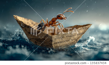 Tiny ant on a paper boat in a water on rainy... - Stock Illustration ...