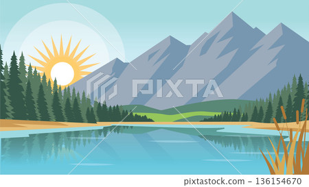 Soft Morning Light Over Still Lake-插圖素材 [136154670] - PIXTA圖庫